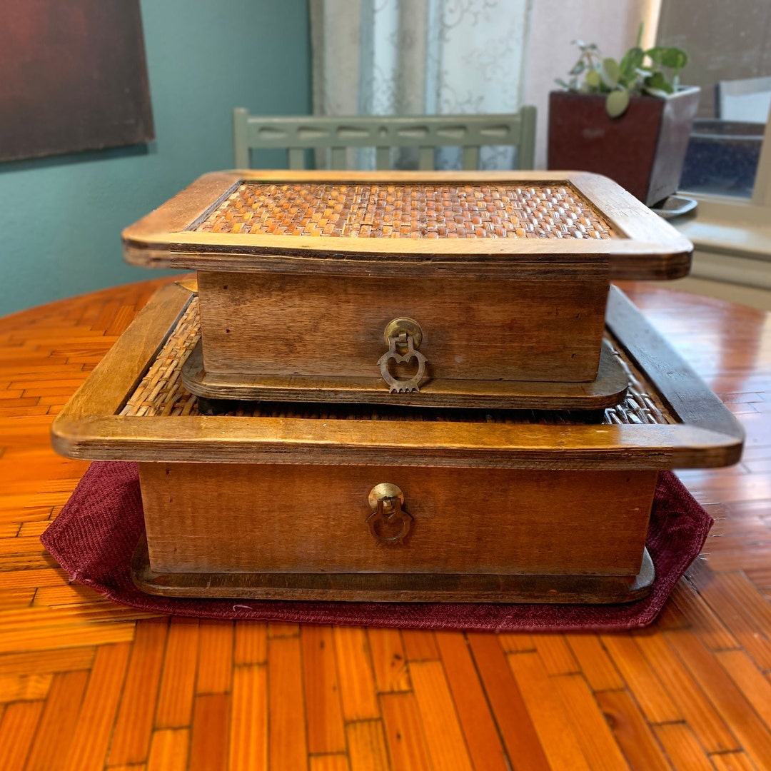 Set of Two Rustic Wood Drawer Boxes Topped With Rattan Wicker, Rustic ...