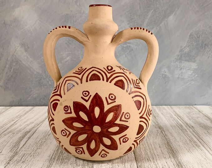 Italian Assemini Hand Painted Signed Pottery Water Vessel, Red Clay ...