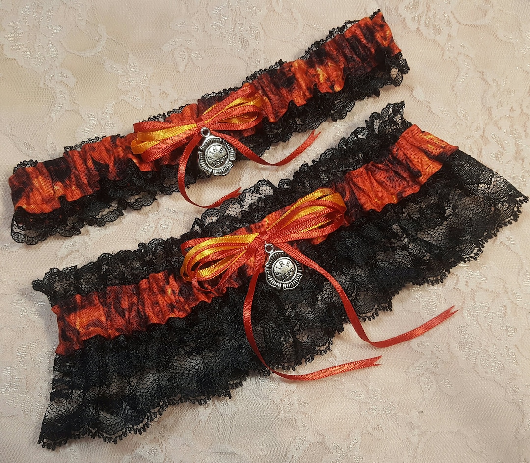 Fire Fighter Fireman Flames Wedding Bridal Garter Belt or 2pc Set W ...