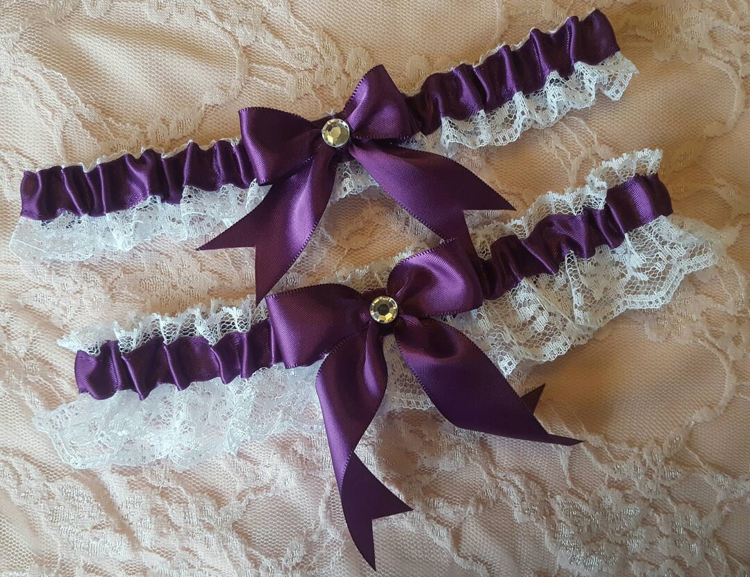 Plum Eggplant White Lace Wedding Garter Belt or 2pc Set W/ Rhinestone ...