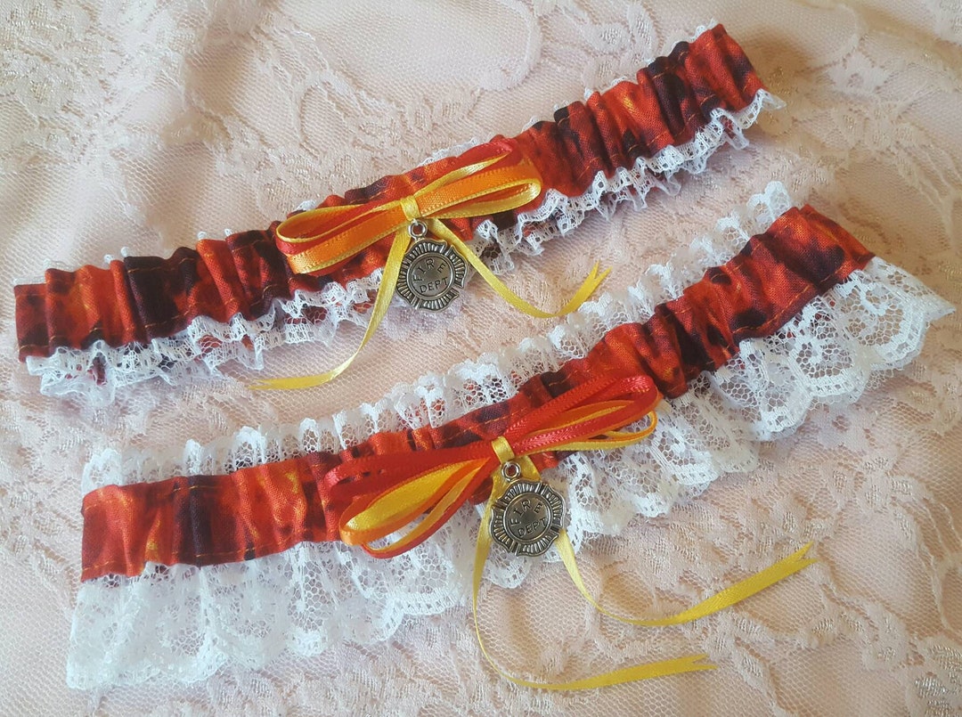 Fire Fighter Fireman Flames Wedding Bridal Garter Belt Set W/ White ...