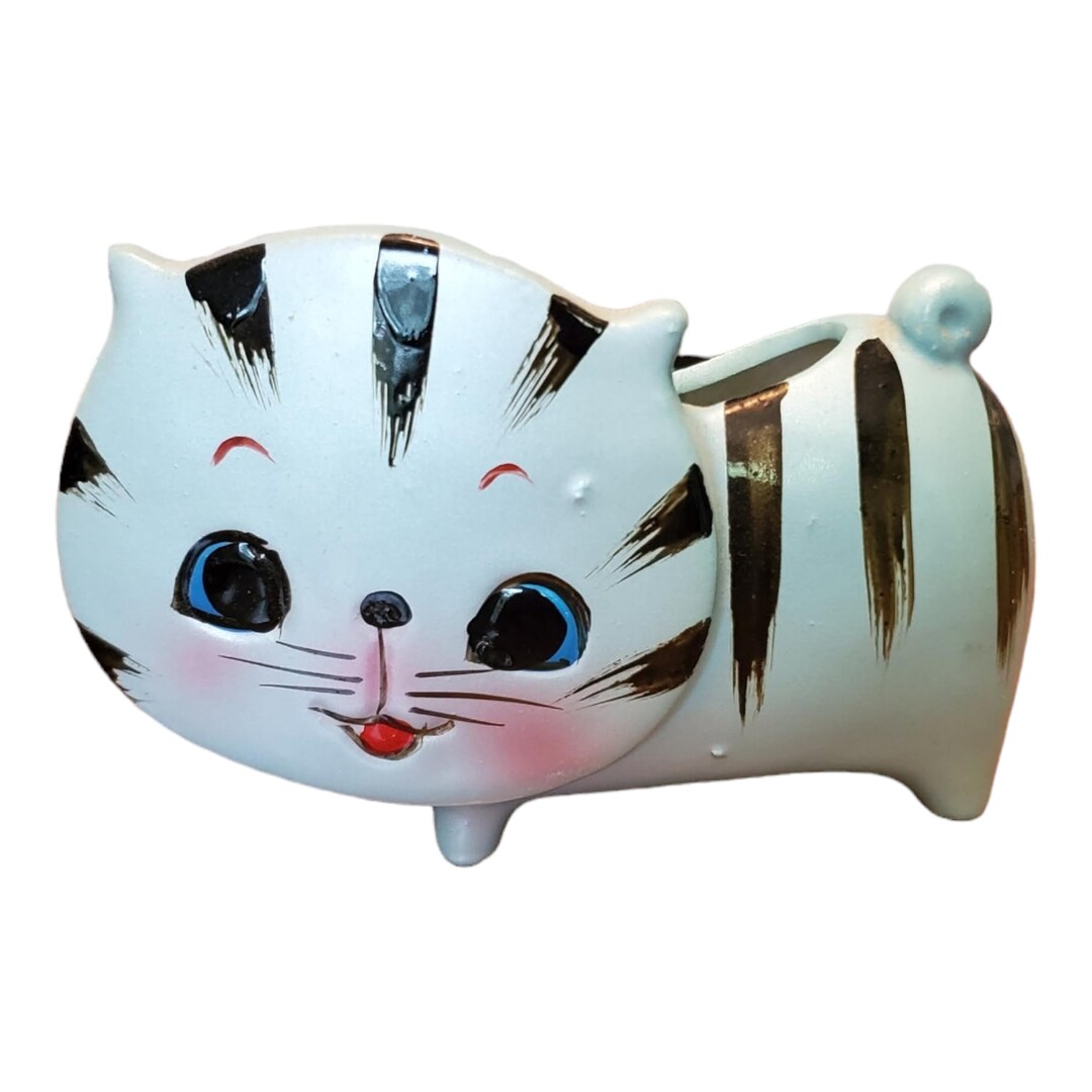 Vintage Big Eye Cat, Made in Japan, Blue Black Striped Kitten, Kawai ...