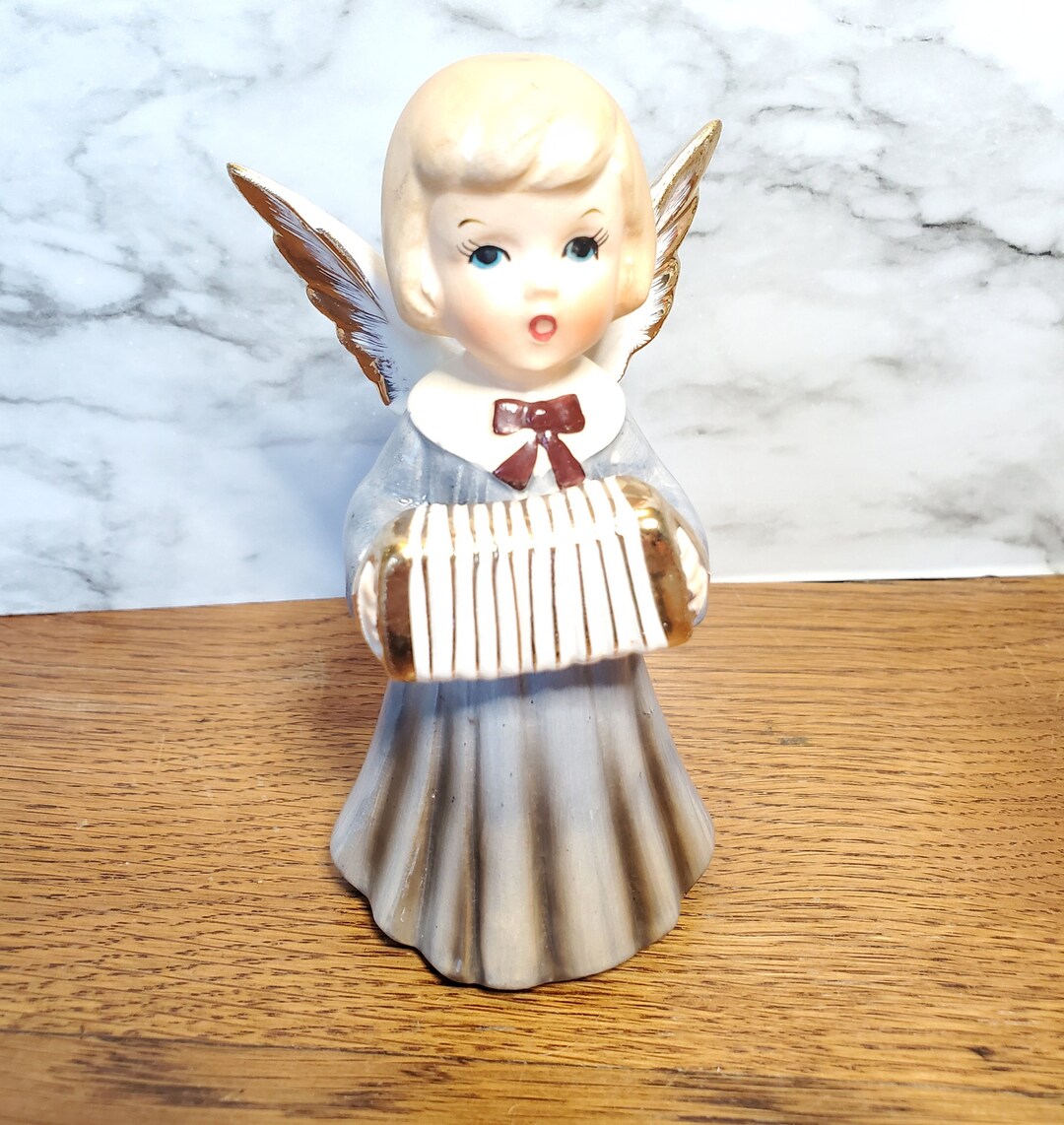 Vintage Musical Angel, Christmas Figurine With Accordion, Wearing Gray ...