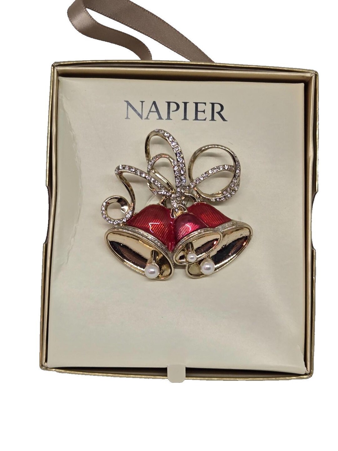 New Napier Red Bells Crystal and Enameled Christmas Brooch Pin With Box ...