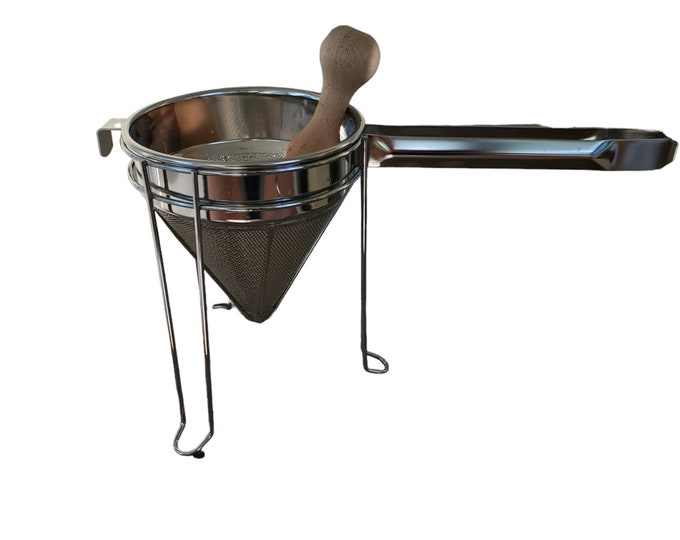 Tin Cone Sieve With Wooden Pestle and Tripod Stand, Apple Sauce Canning ...