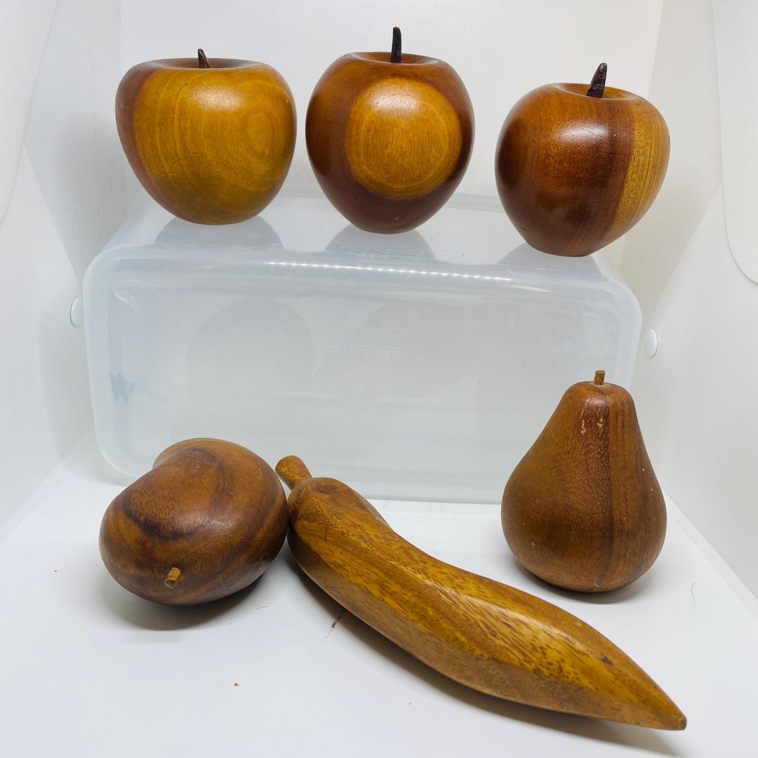 Vintage Carved Wood Fruit Lot of 3 Apples,1 Pear, Banana, Mango Farm ...