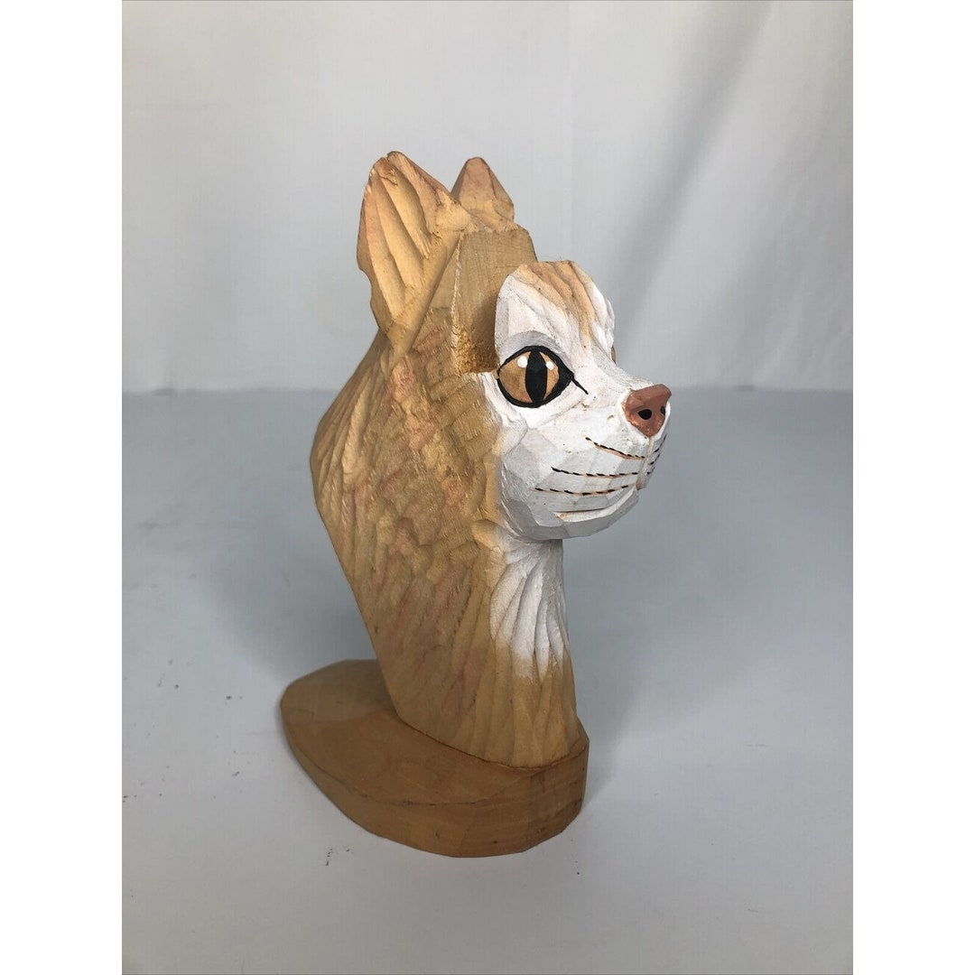 Hand Carved Wood Cat Letter Holder Bust Folk Art WHITE TAN - Etsy