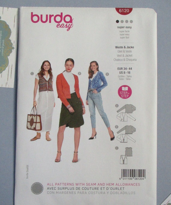Sewing Pattern Jacket Vest Burda 6120 collarless jacket tie closure ...