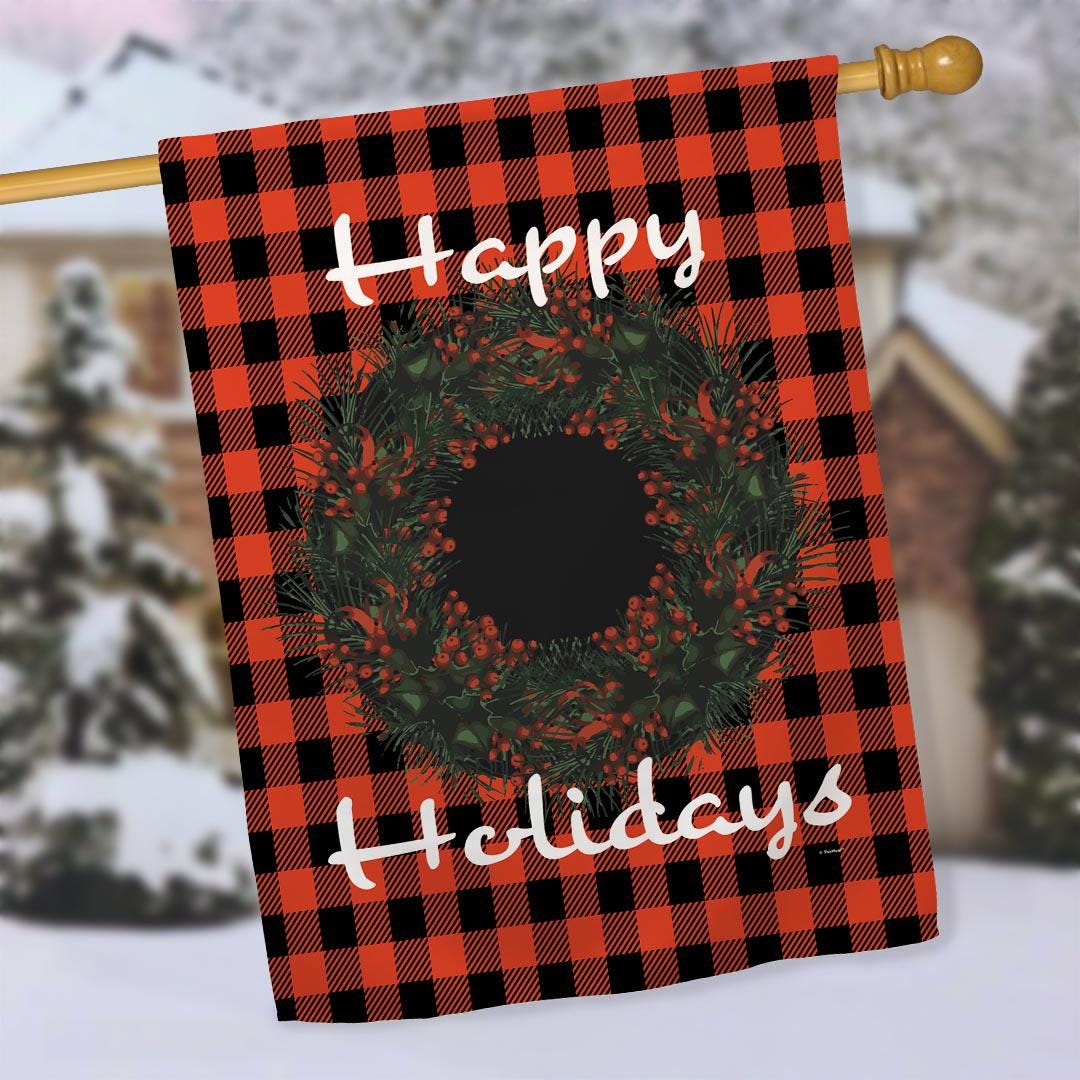 Winter House Flag: Happy Holidays Holly Wreath Red Buffalo Plaid ...