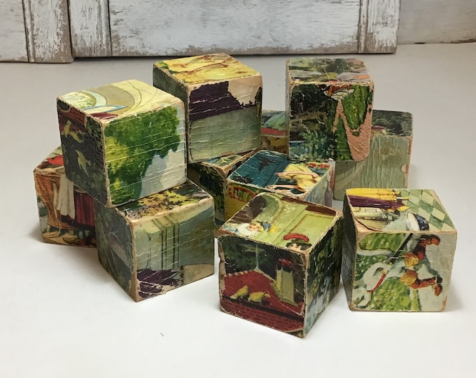 12 Vintage Puzzle Blocks Paper Covered Wood Picture Blocks - Etsy