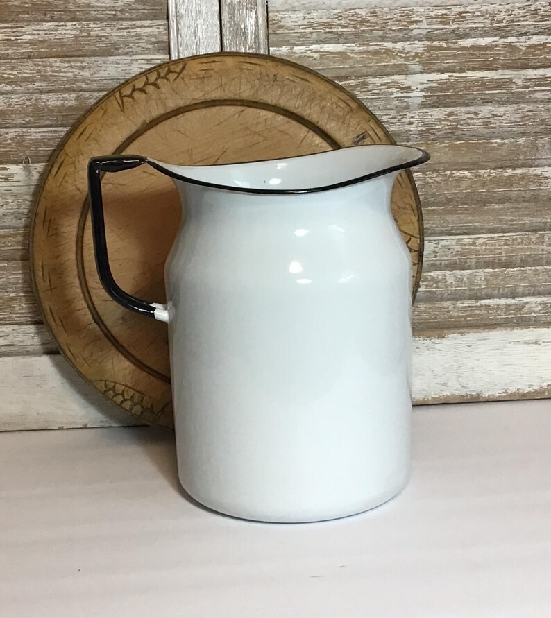 LARGE Vintage White Enamel Pitcher - Black Trim - Etsy