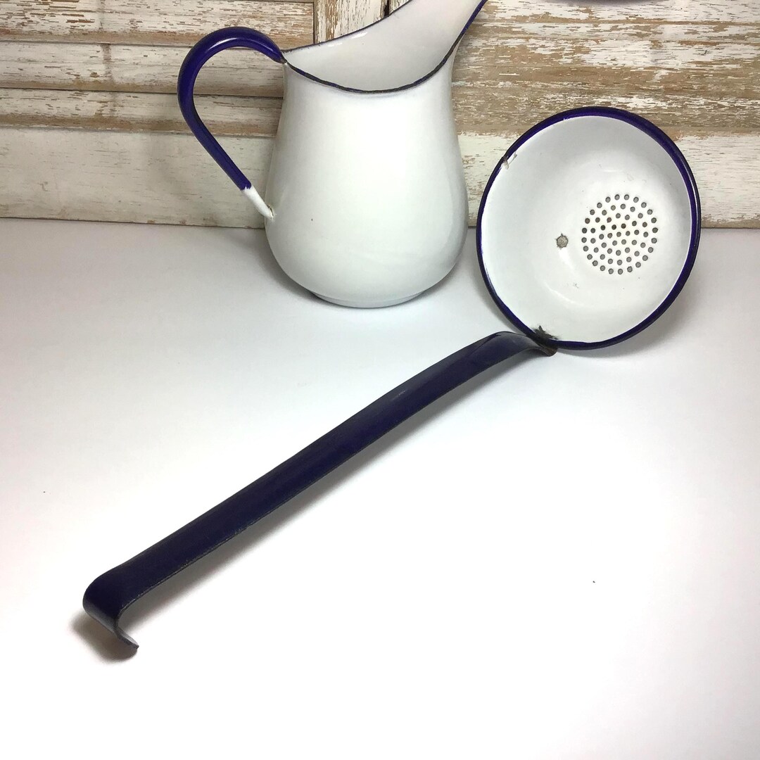 Vintage Enamelware Ladle - Strainer - Enamel Dipper - White and Navy - Etsy