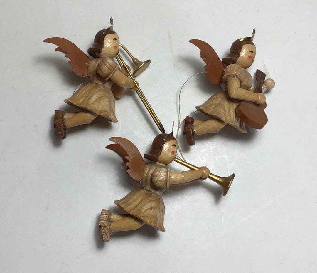 3 Vintage Erzgebirge German Angel Ornaments Wooden Musical Christmas ...
