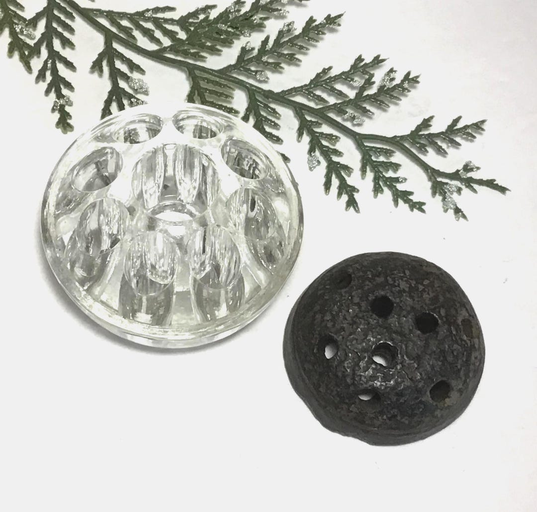2 Vintage Flower Frogs - Heavy Clear Glass and Black Ceramic - Etsy