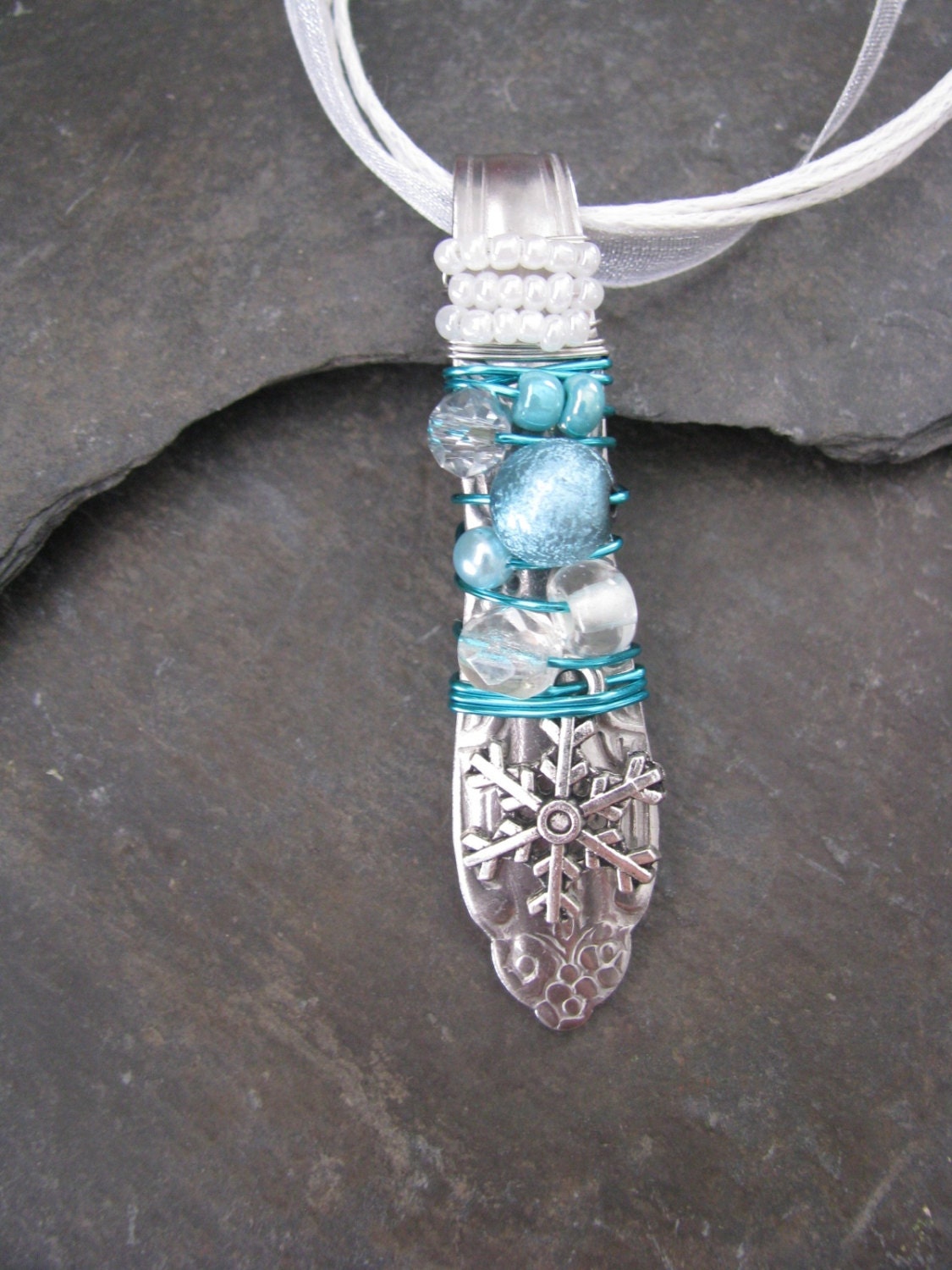 Snow Queen Inspired Spoon Necklace White Teal Snowflake - Etsy