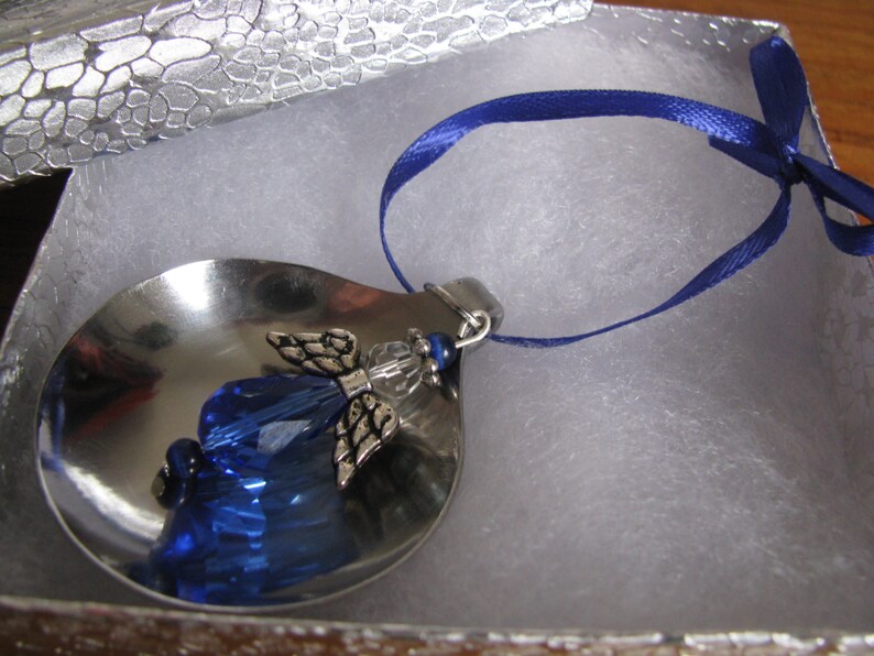 Spoon Angel Ornament, Soup Spoon Ornament; Blue Crystal Beaded Angel ...