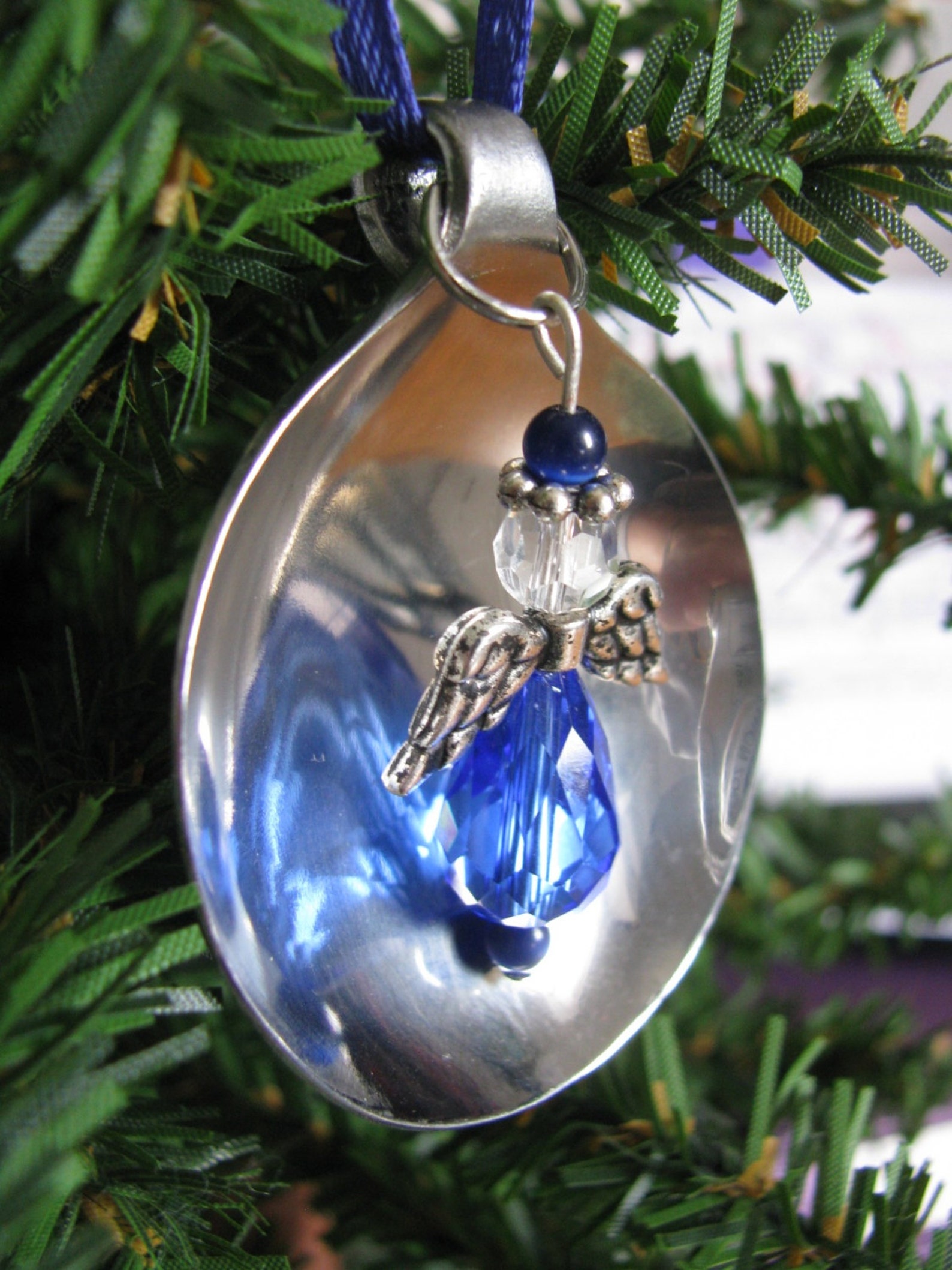 Spoon Angel Ornament, Soup Spoon Ornament; Blue Crystal Beaded Angel ...