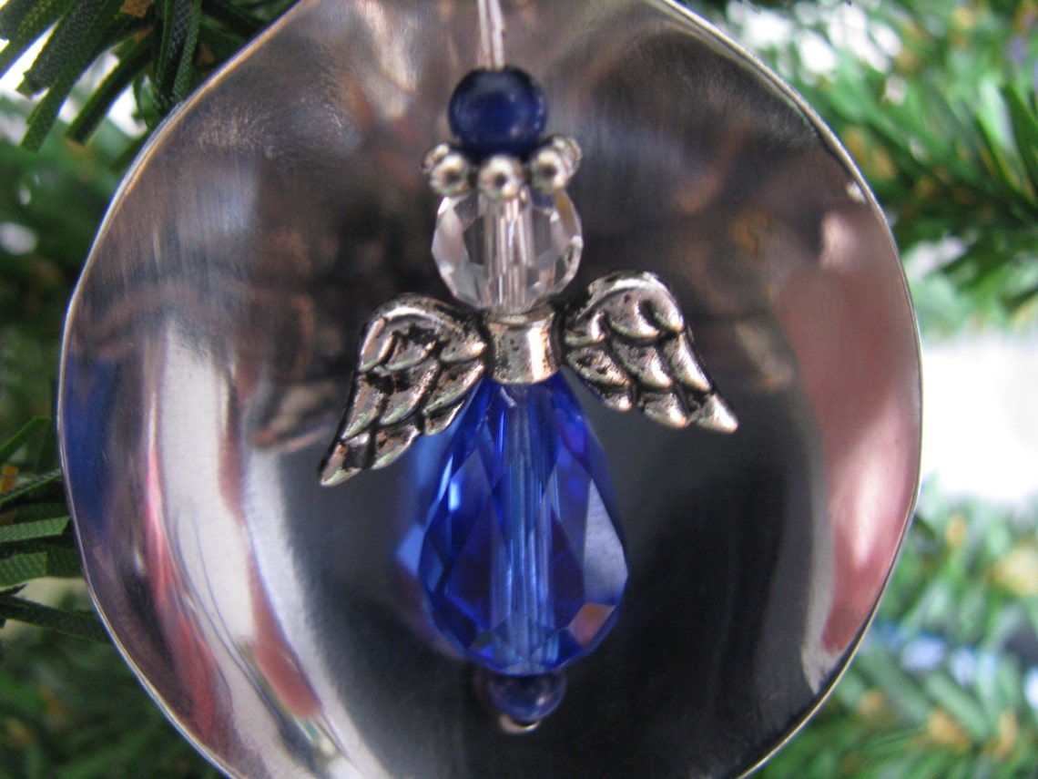 Spoon Angel Ornament, Soup Spoon Ornament; Blue Crystal Beaded Angel ...
