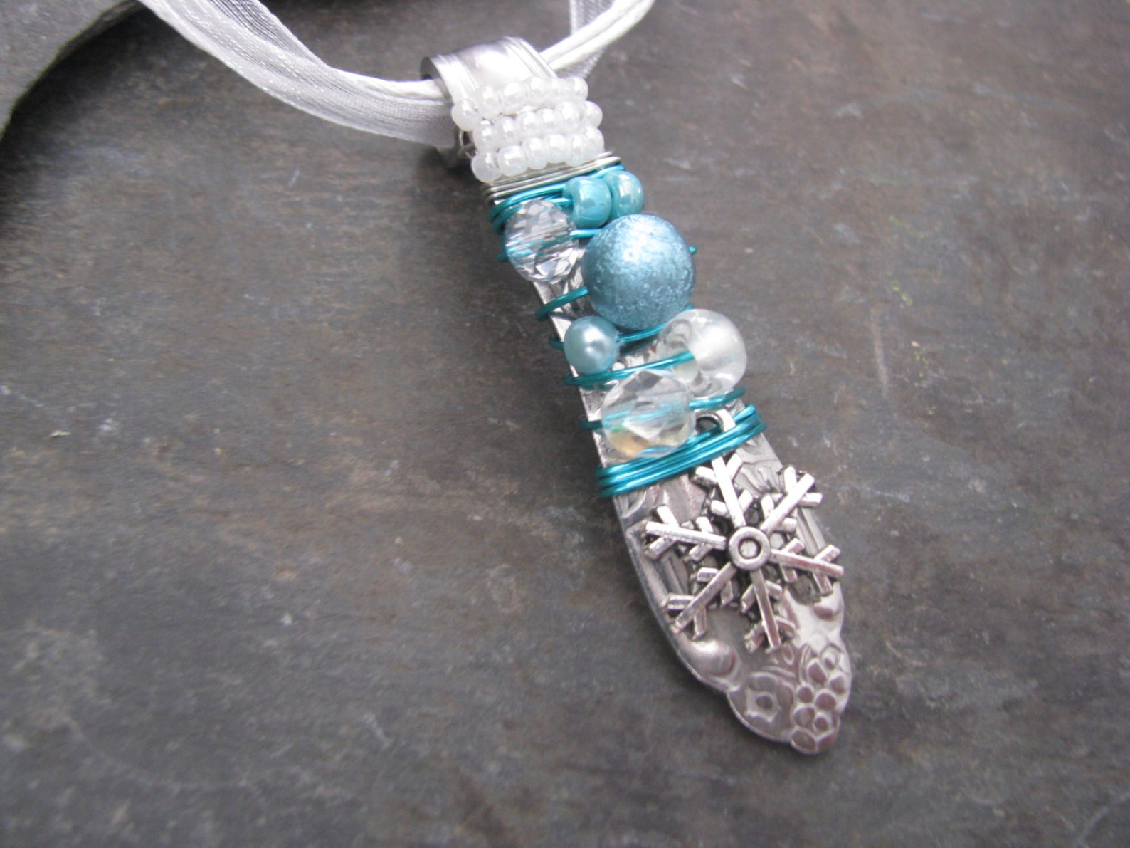 Snow Queen Inspired Spoon Necklace White Teal Snowflake - Etsy