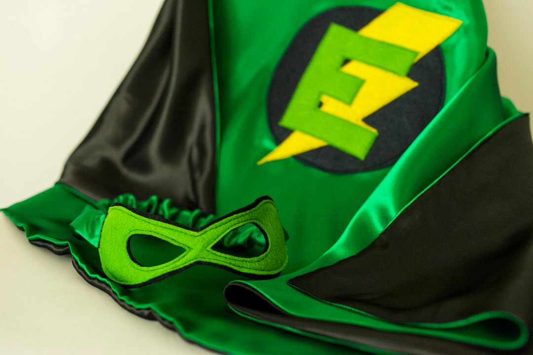 Personalized Super Hero Cape Set, Emerald Green & Black Satin Costume ...