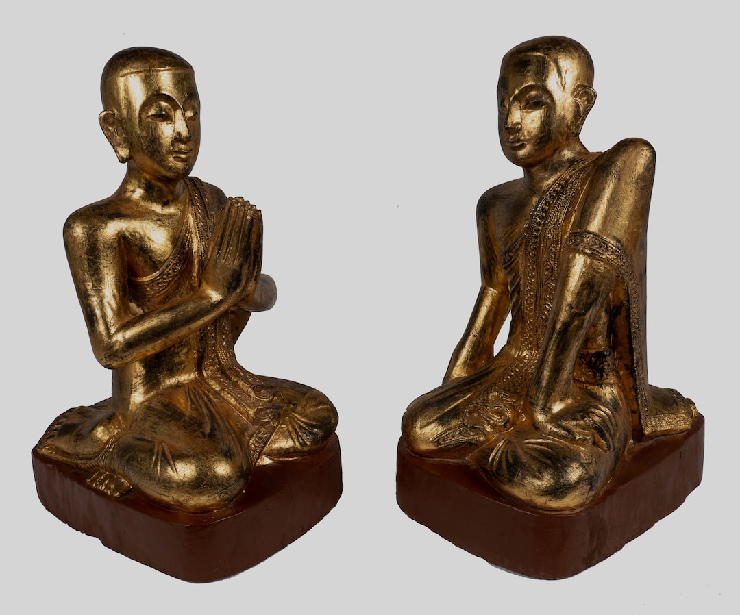 Antique Disciple Statues - Antique Burmese Style Wood Kneeling Buddha ...