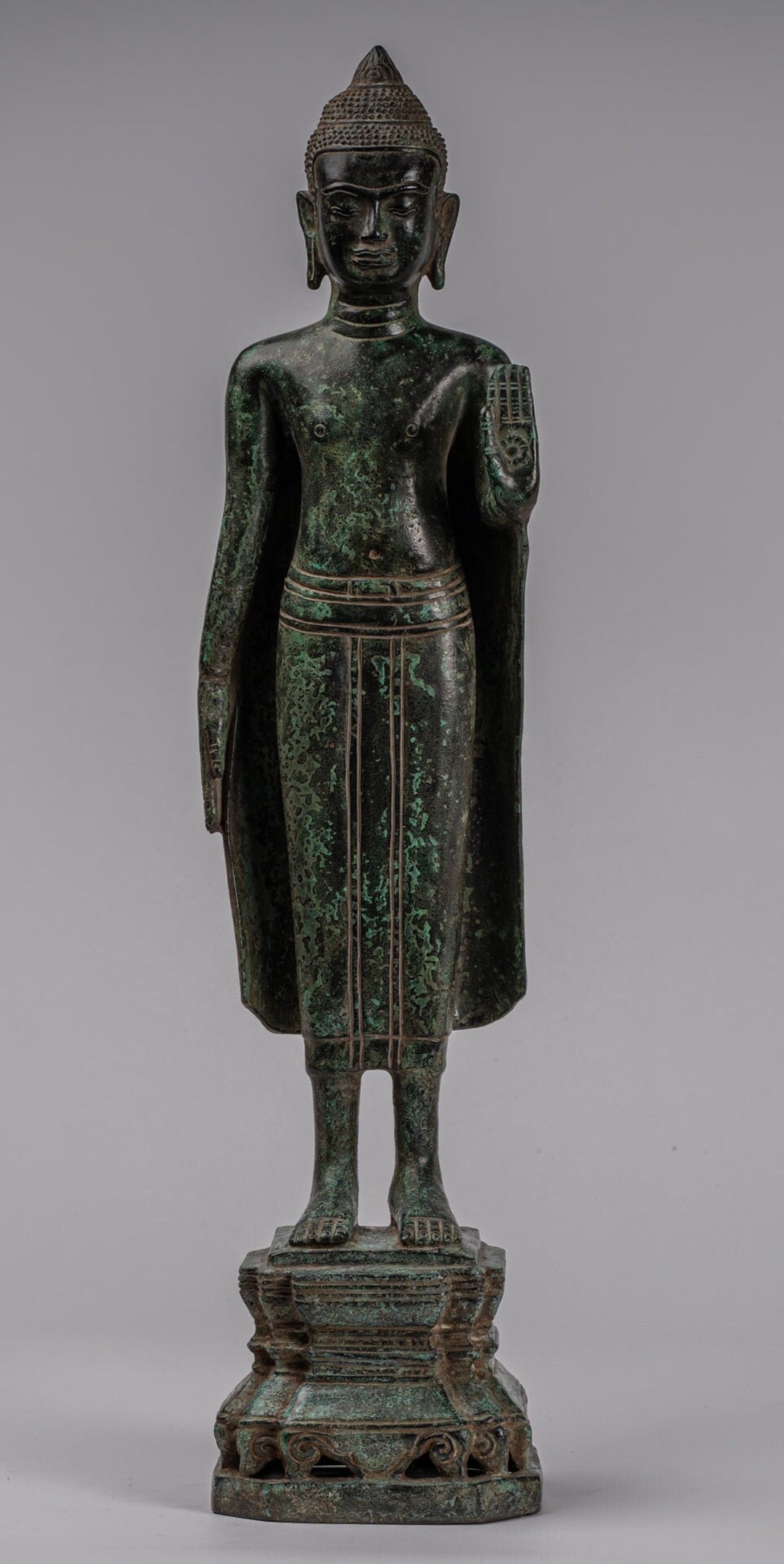 Buddha Statue - Antique Khmer Style Bronze Standing Abhaya Protection ...