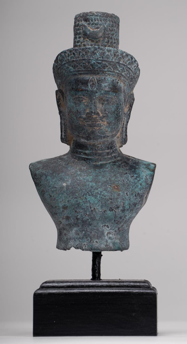 Antique Khmer Style Bronze Mounted Bakheng Shiva Head Statue - 24cm/10 ...