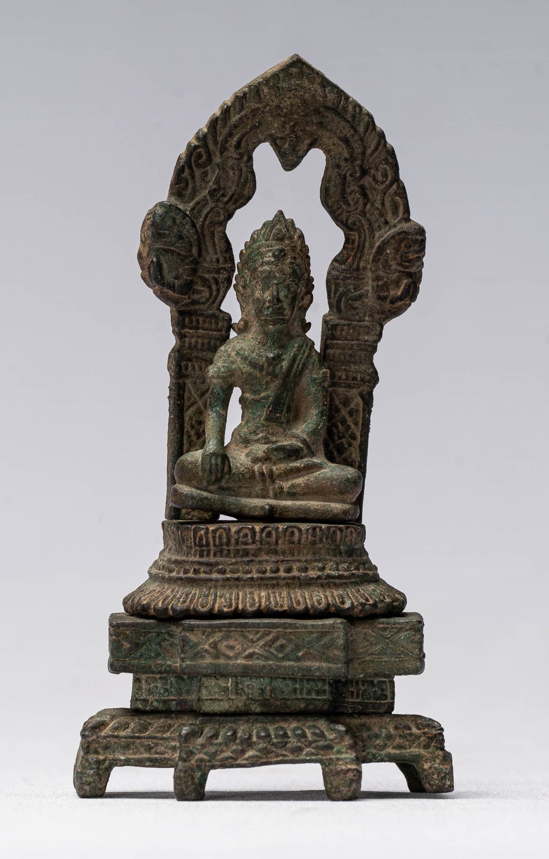 Buddha Statue - Antique Khmer Style Bronze Enthroned Enlightenment ...