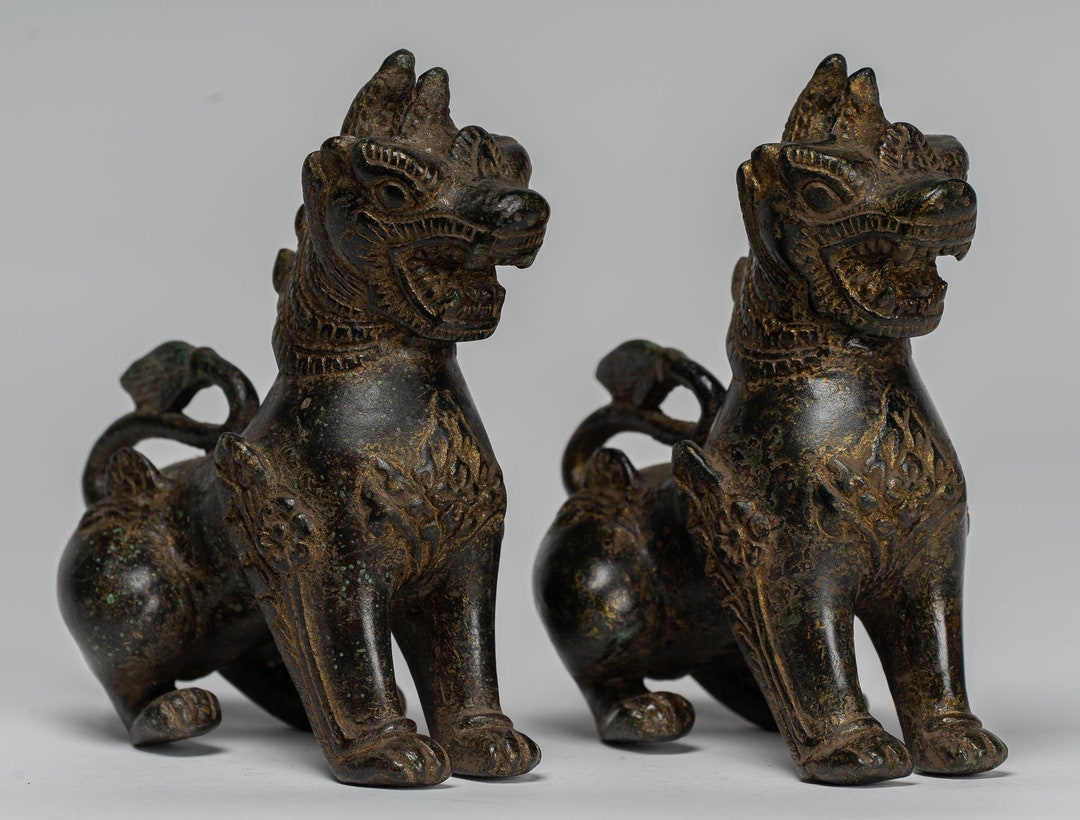 Antique Burmese Style Bronze Standing Chinthe Guardian Temple Lions ...