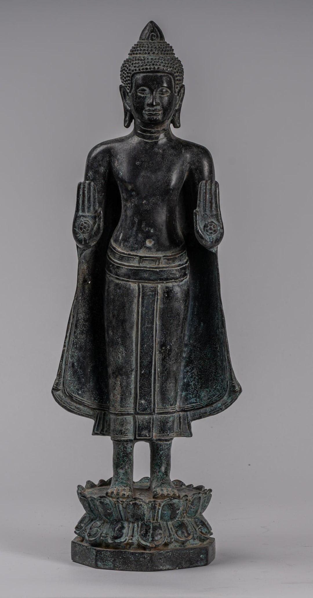 Buddha Statue - Antique Khmer Style Bronze Standing Abhaya Protection ...