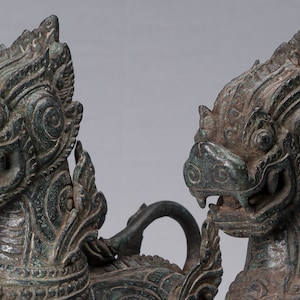 Antique Burmese Style Bronze Standing Chinthe Guardian Temple Lions ...