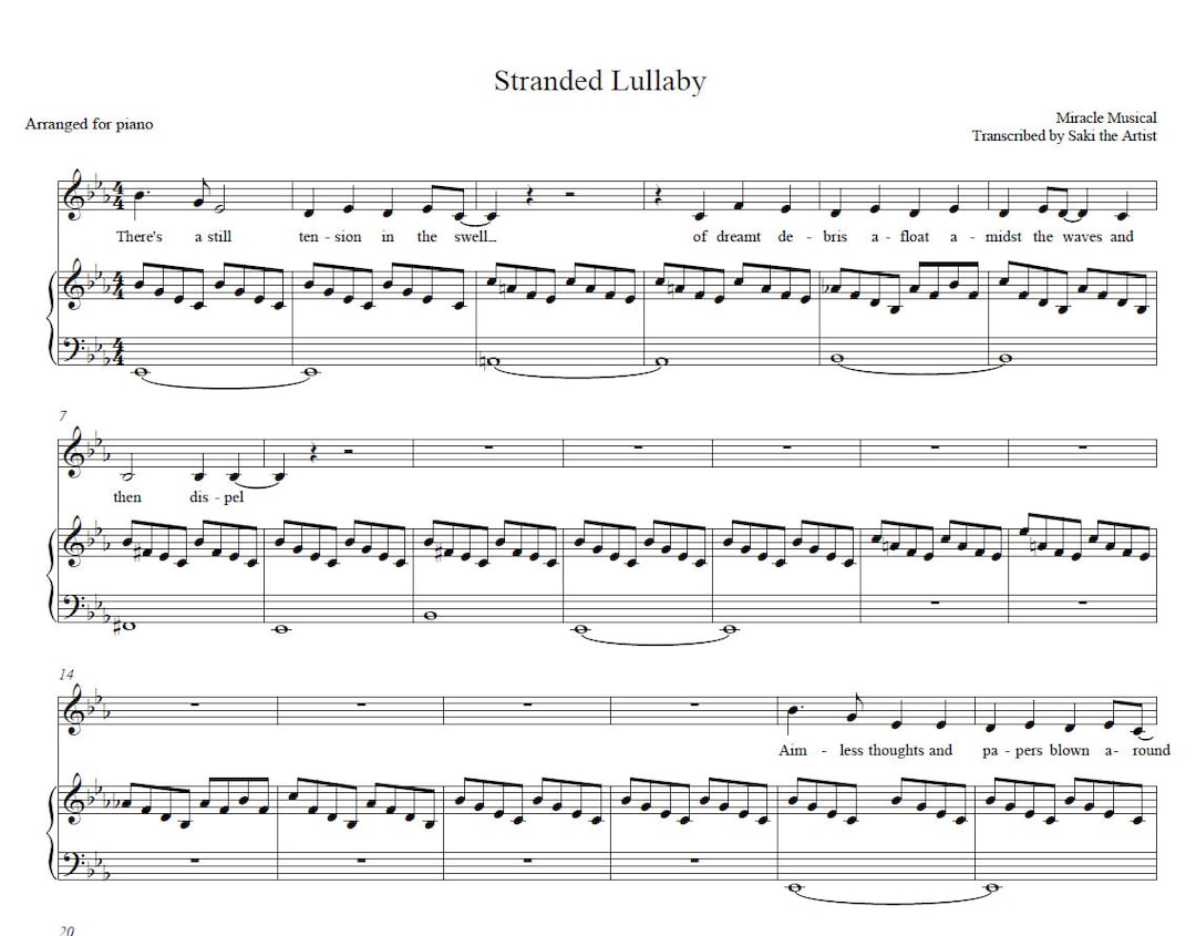 Stranded Lullaby - Miracle Musical - Sheet Music Transcription - Voice & Piano/harp - Etsy