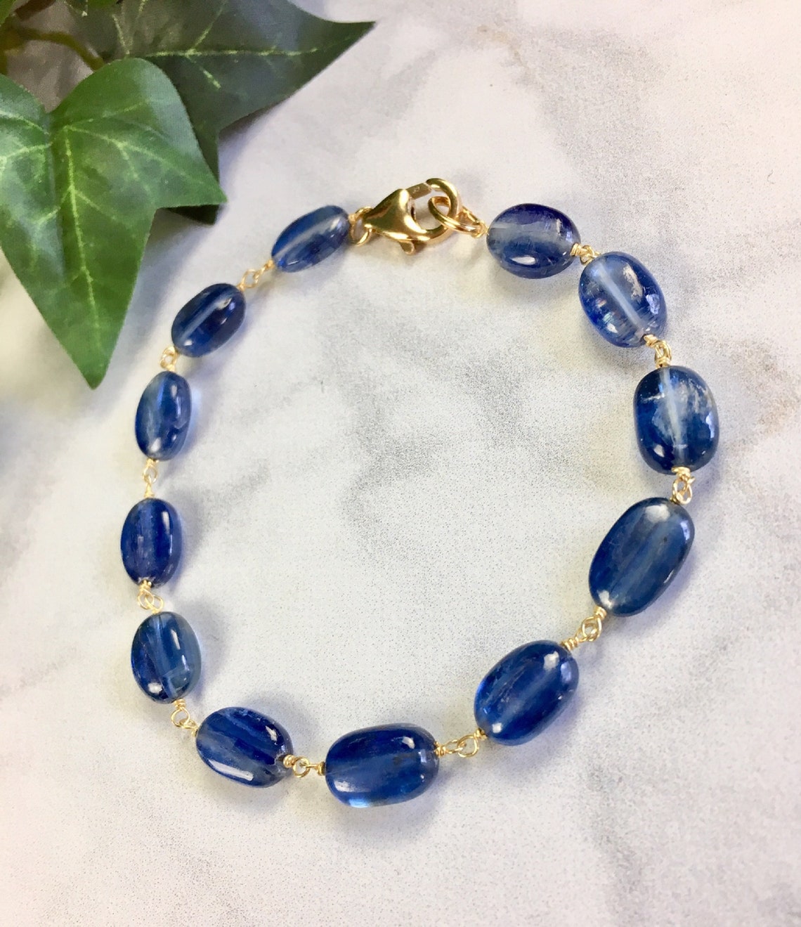 Kyanite Beaded Bracelet - Blue Kyanite Jewelry - Gemstone Link Bracelet ...