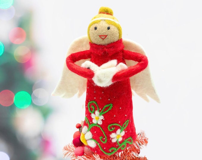 Handmade Felt Angel Tree Topper Holding Dove-hand Felted Christmas ...