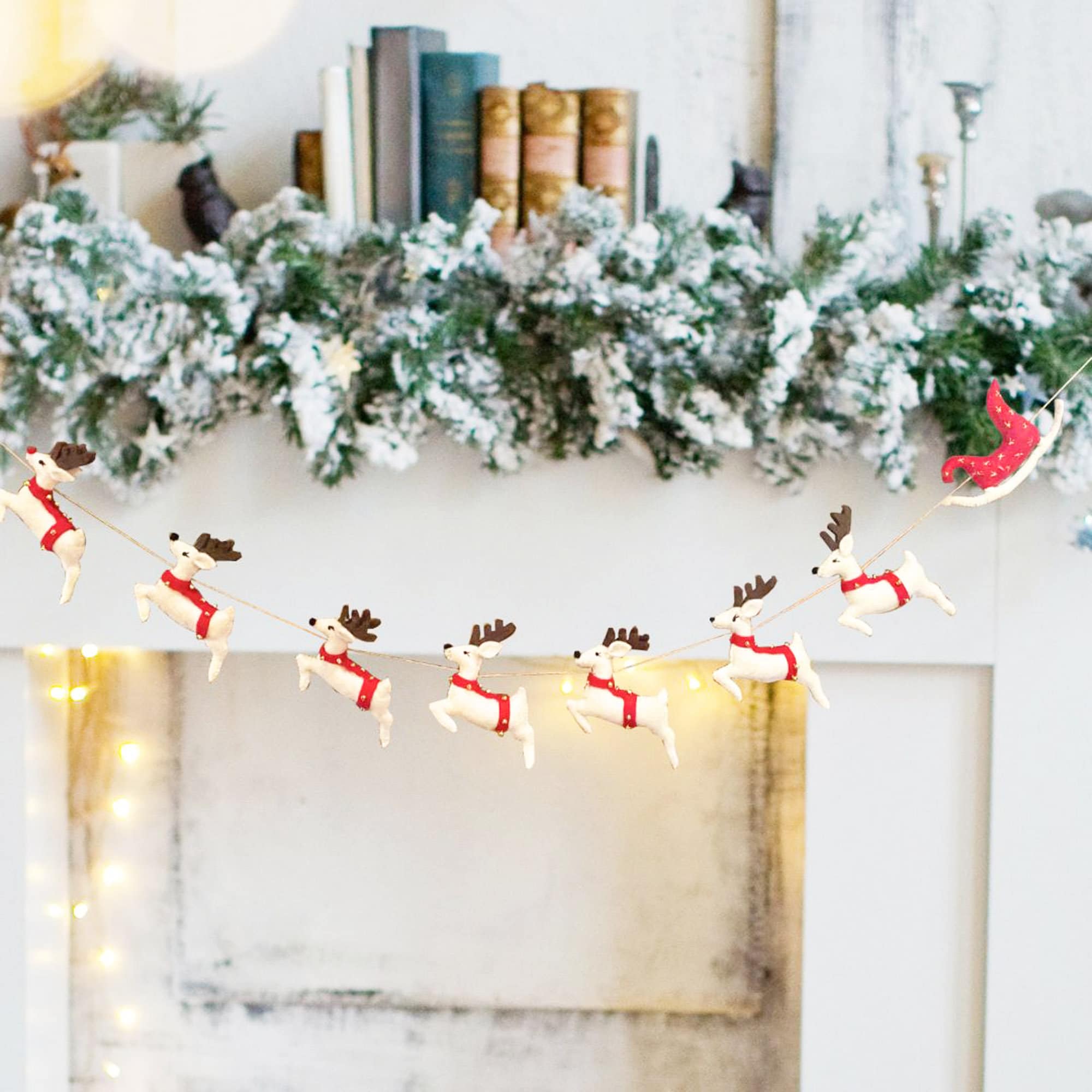 Santa's White Reindeer W/ Jingle Bells Christmas Felt Wool Garland ...