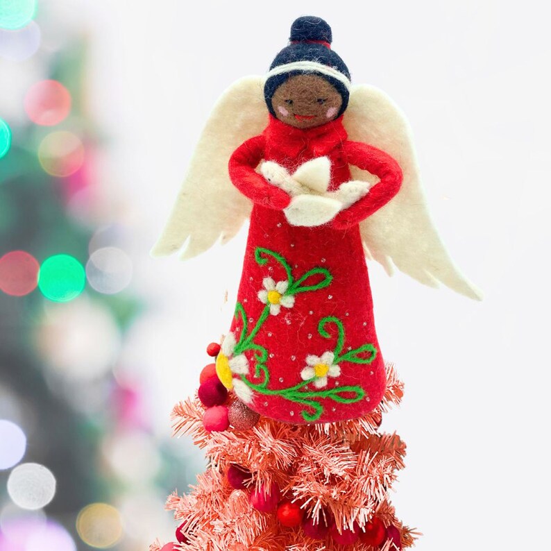 Handmade Felt Black Angel Tree Topper Holding White Dove-hand Felted ...