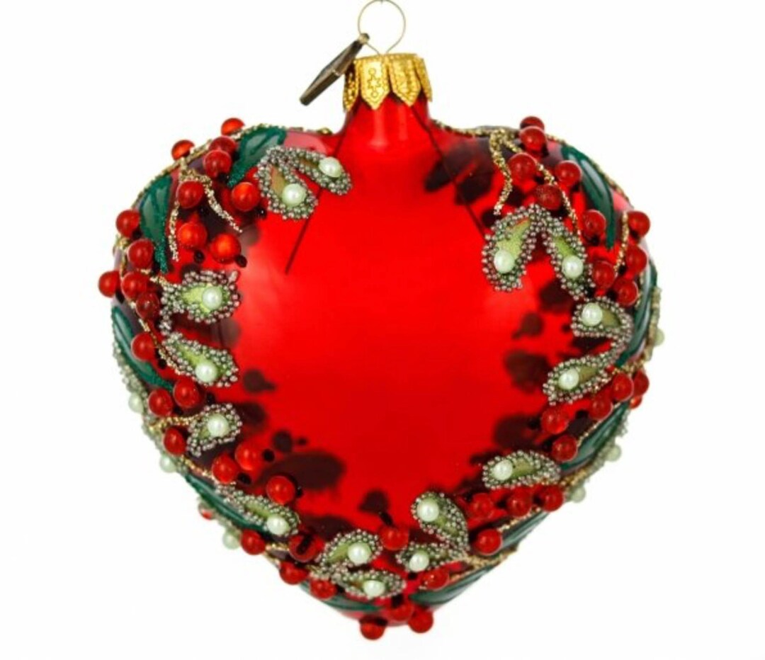 Blown Glass Heart Christmas Ornament:jewel Embellished Heart Bauble ...