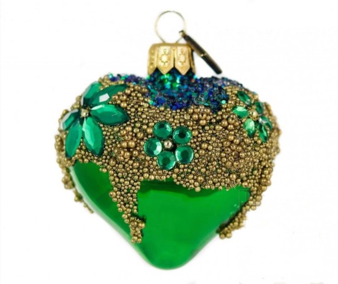 Emerald Flowers Blown Glass Embellished Heart Ornament-handmade Green ...