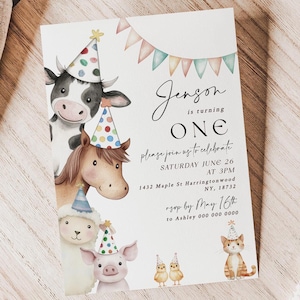 Farm First Birthday Invitation Template, Printable Cute Farmyard Animal ...