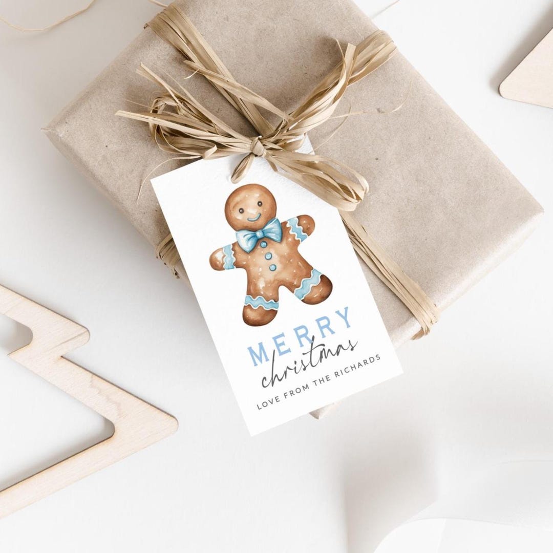 Christmas Gingerbread Gift Tag Template, Personalised Blue Gift Tag ...