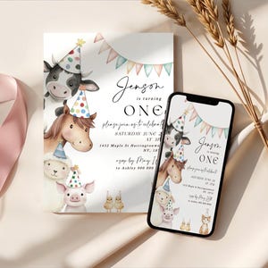 Farm First Birthday Invitation Template, Printable Cute Farmyard Animal ...
