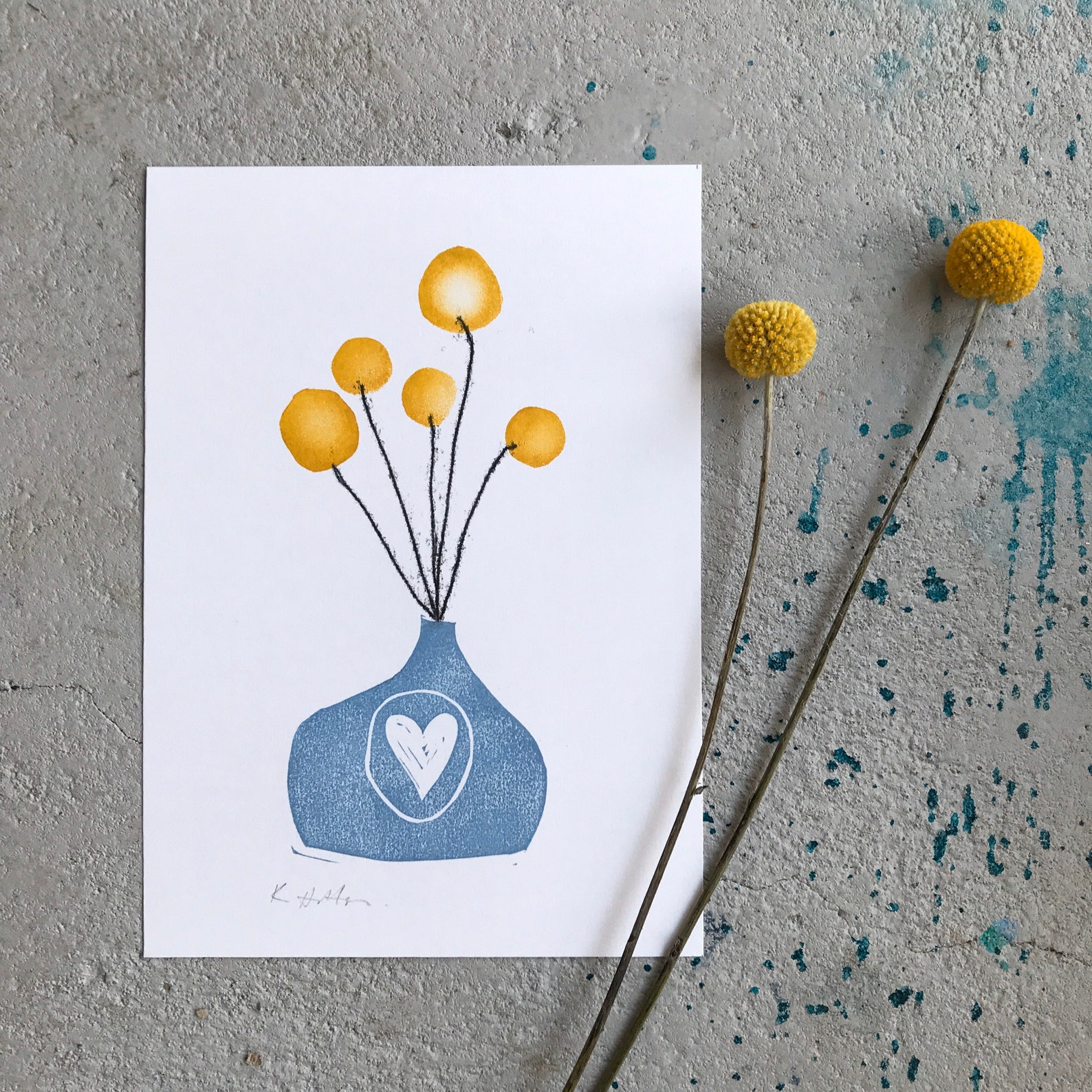 Billy Buttons and Heart Vase Original Art Valentines Spring Gift of ...
