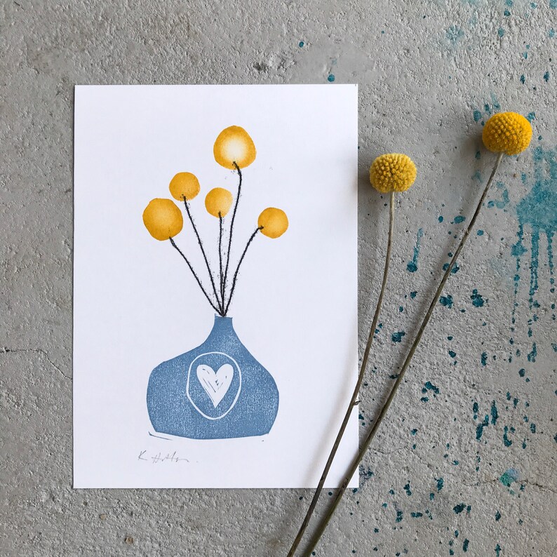 Billy Buttons and Heart Vase Original Art Valentines Spring Gift of ...