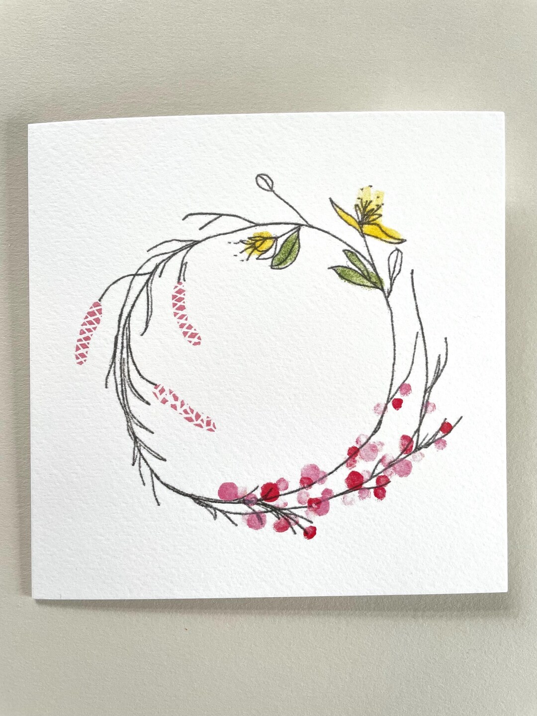 Spring Flower Wreath Greeting Card Monoprint Art Spring All Occasions ...