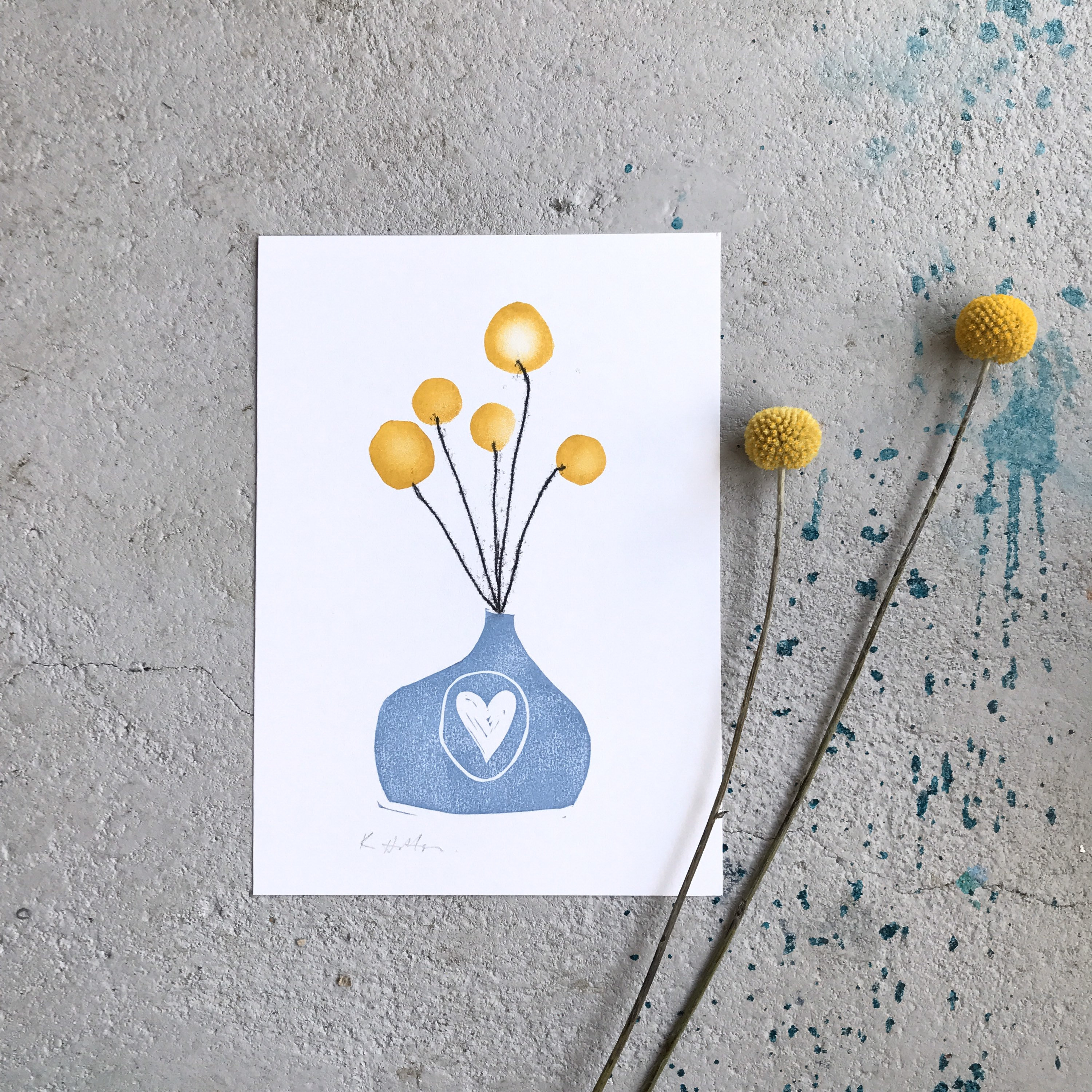 Billy Buttons and Heart Vase Original Art Valentines Spring Gift of ...