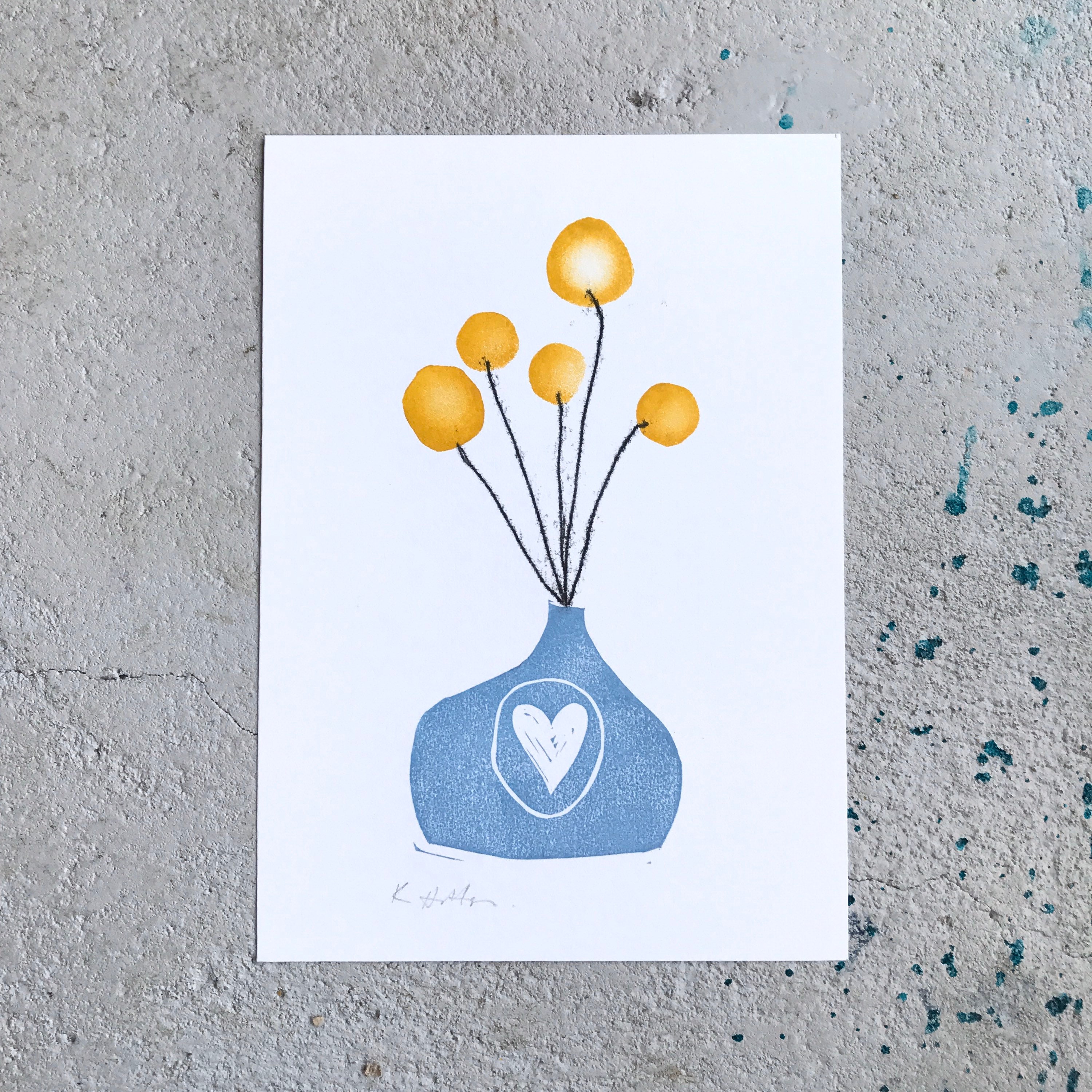 Billy Buttons and Heart Vase Original Art Valentines Spring Gift of ...