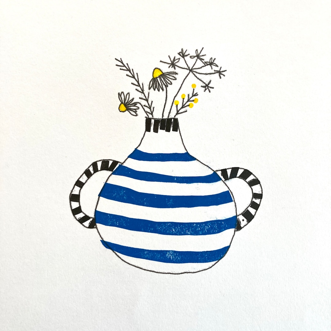 Daisies and Seed Heads in Stripey Fun Vase Mono-print Minimal Original ...