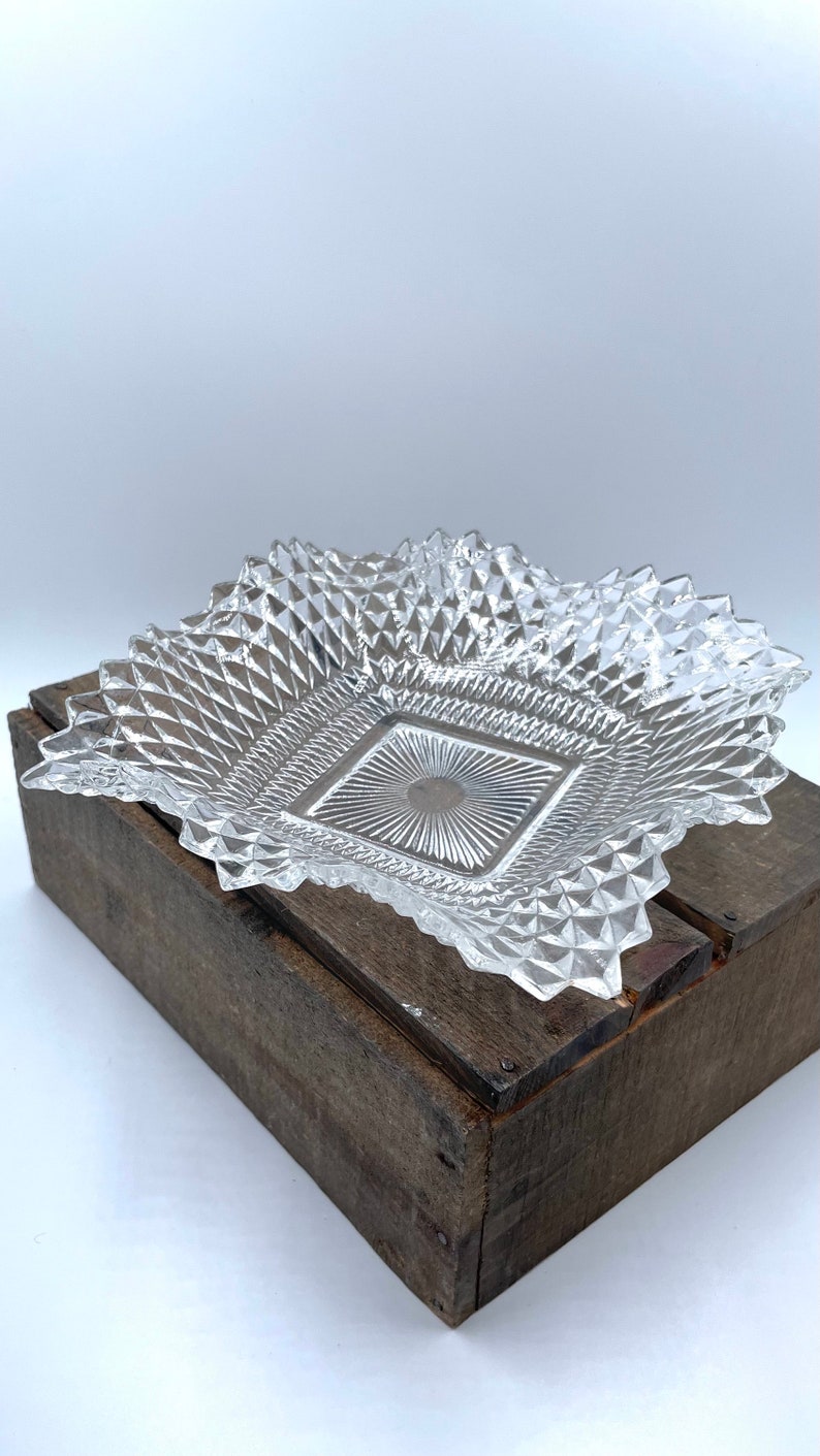 Vintage Indiana Glass Square Candy Dish Bowl Diamond Cut Ruffled ...