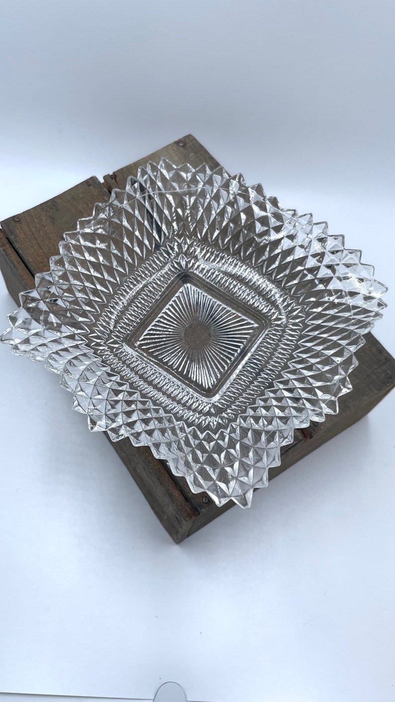 Vintage Indiana Glass Square Candy Dish Bowl Diamond Cut Ruffled ...