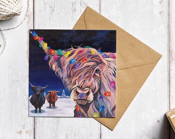 Highland Cow and Lights Christmas Card - Etsy
